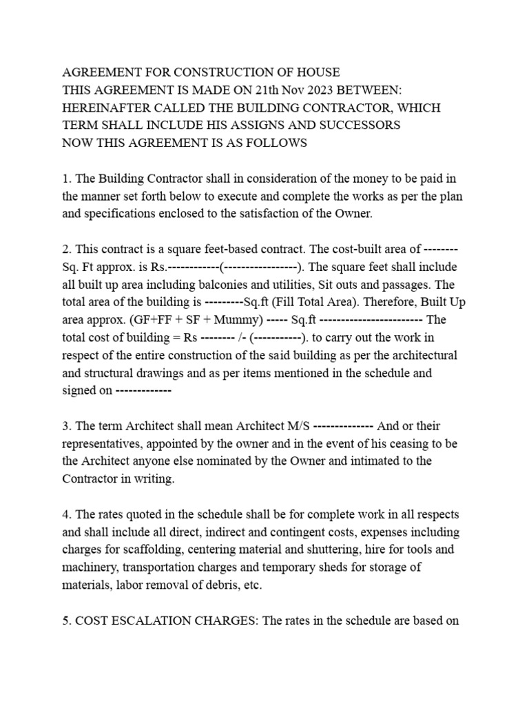 Agreement For Construction of House | PDF