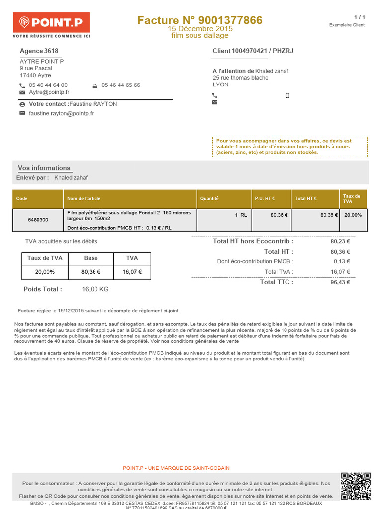 Decembre 2015 - Point P Facture #9001377866 | PDF
