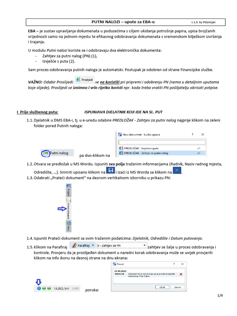 EBA - Putni Nalozi Upute v1.0 | PDF