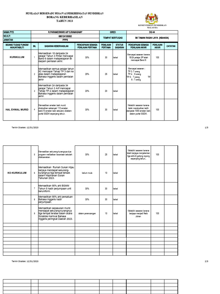 BORANG KEBERHASILAN - 2023 (Cikgu Parames) | PDF