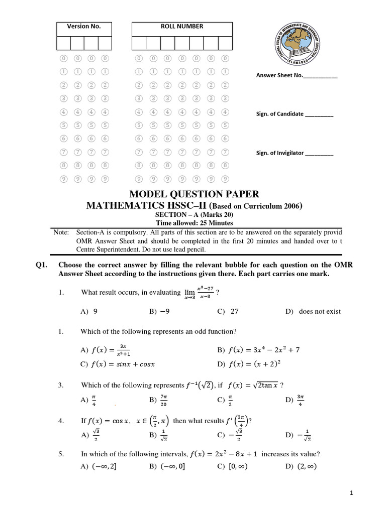HSSC-II Mathematics Model Paper 2025 | PDF | Ellipse | Function ...