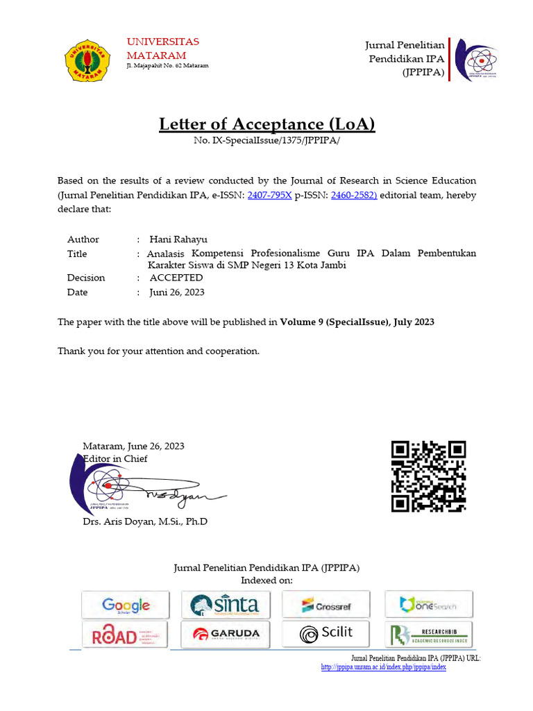 Letter of Acceptance (LoA) Hani Rahayu | PDF
