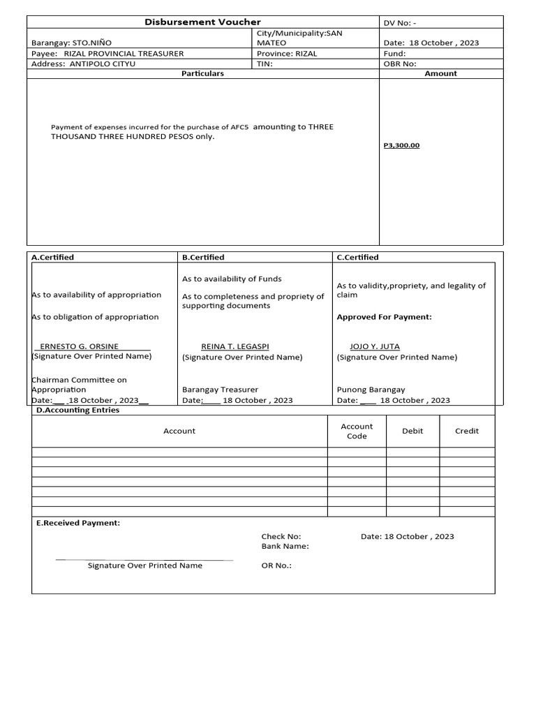 Disbursement Voucher SK Sample | PDF