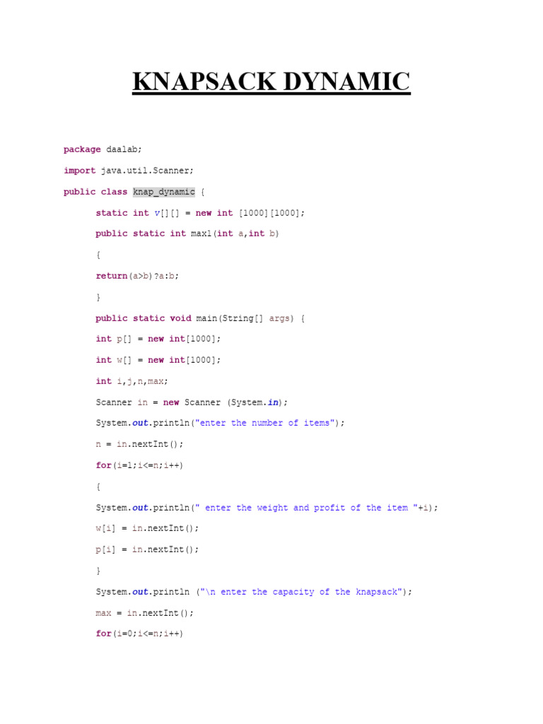 Knapsack Dynamic | PDF | Teaching Methods & Materials | Computers