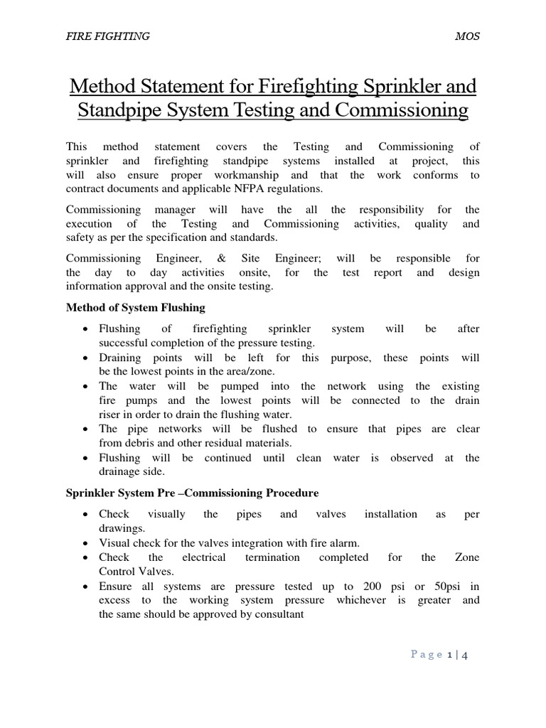 Method Statement For Firefighting Sprinkler and Standpipe System | PDF