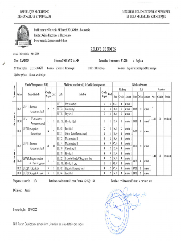 Releve de Notes l1 | PDF