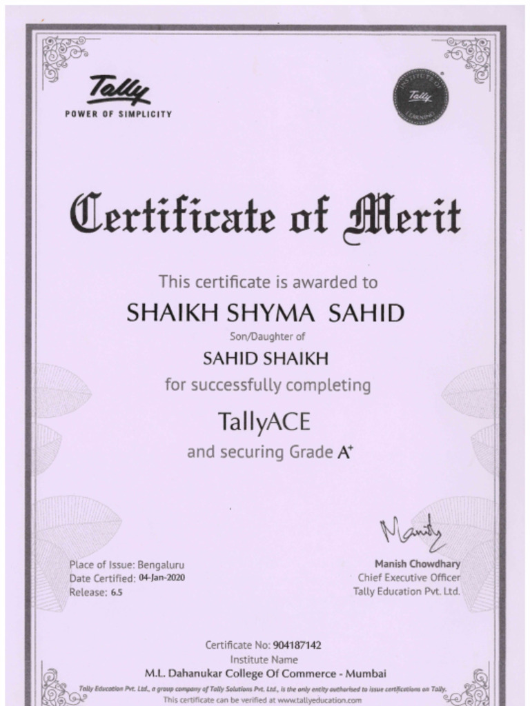 Tally Certificate 2020 | PDF