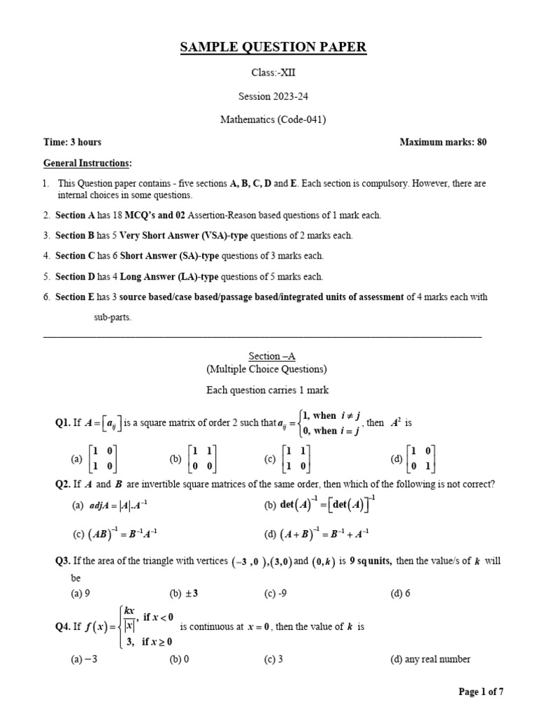 Maths Sample Paper | PDF