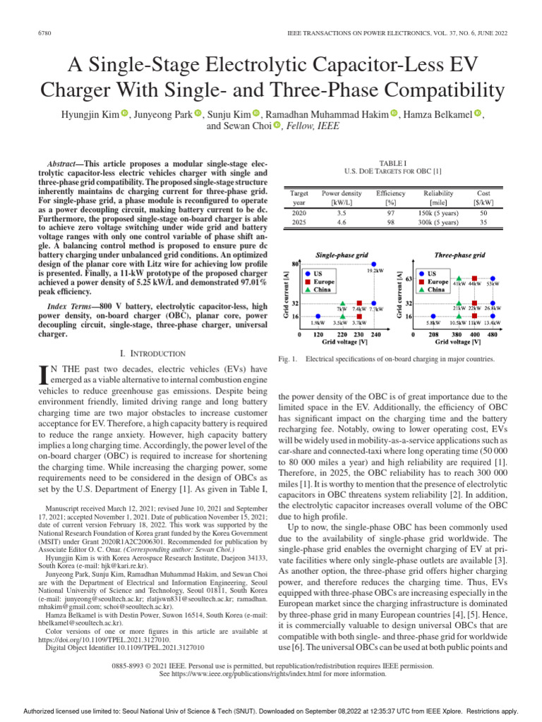 A Single-Stage Electrolytic Capacitor-Less EV Charger With Single - and ...