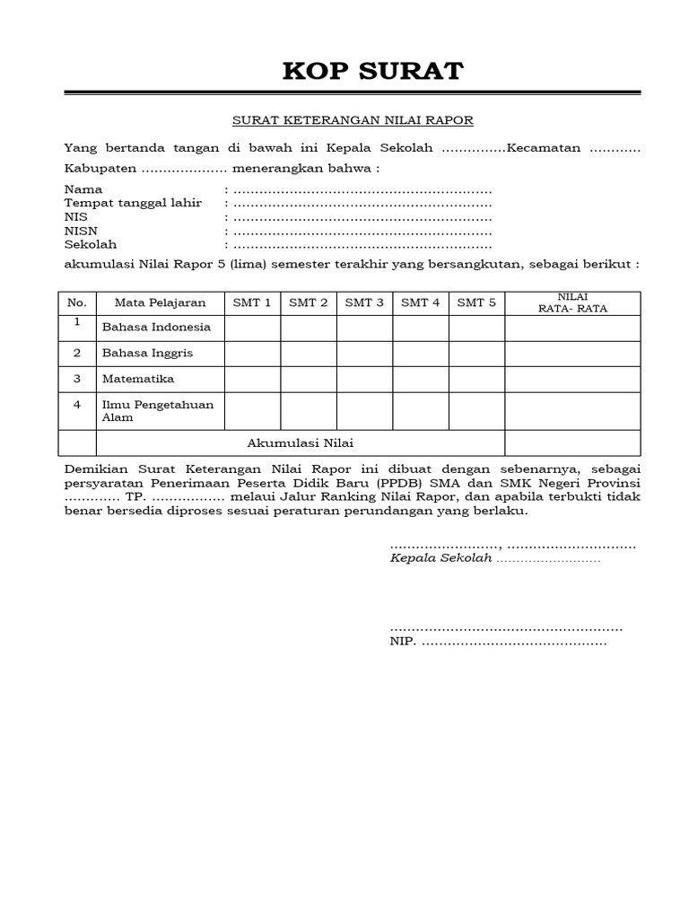 Format Surat Keterangan Nilai Rapor | PDF