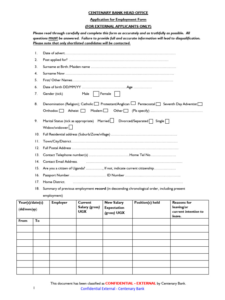 Centenary Bank Employment Application Form | PDF | Fraud | Forgery