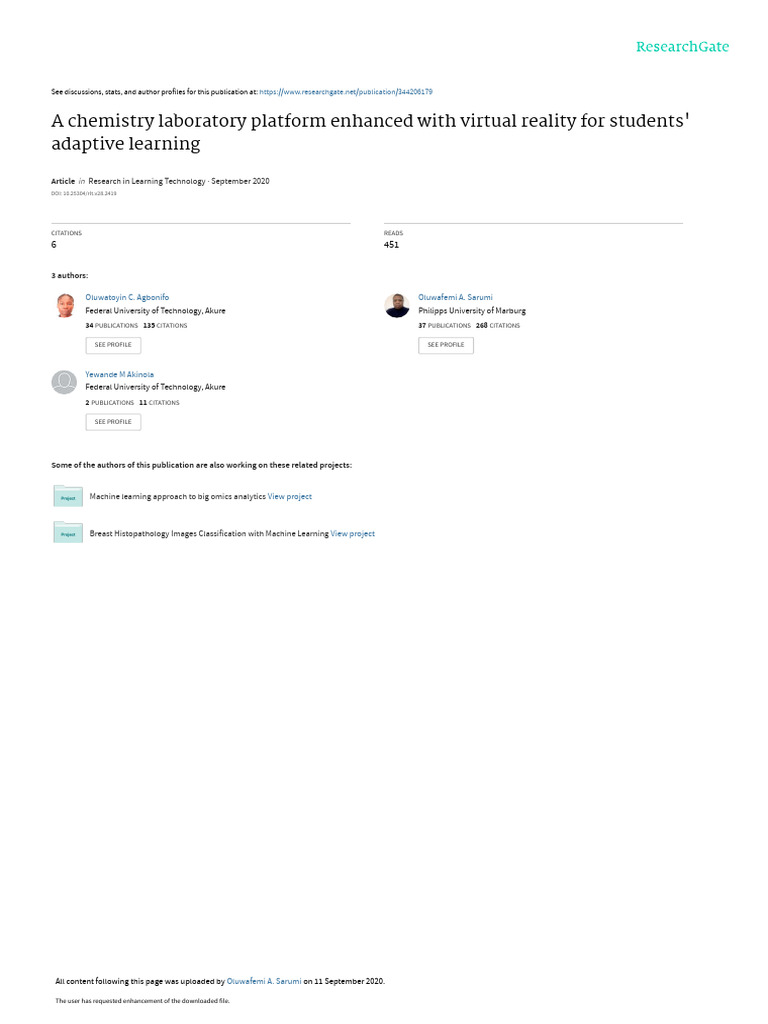 A Chemistry Laboratory Platform Enhanced With Virtual Reality For Students' Adaptive Learning ...