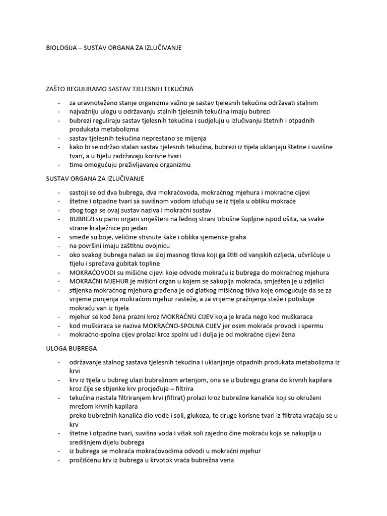 Sustav Organa Za Izlučivanje-Bilješke | PDF