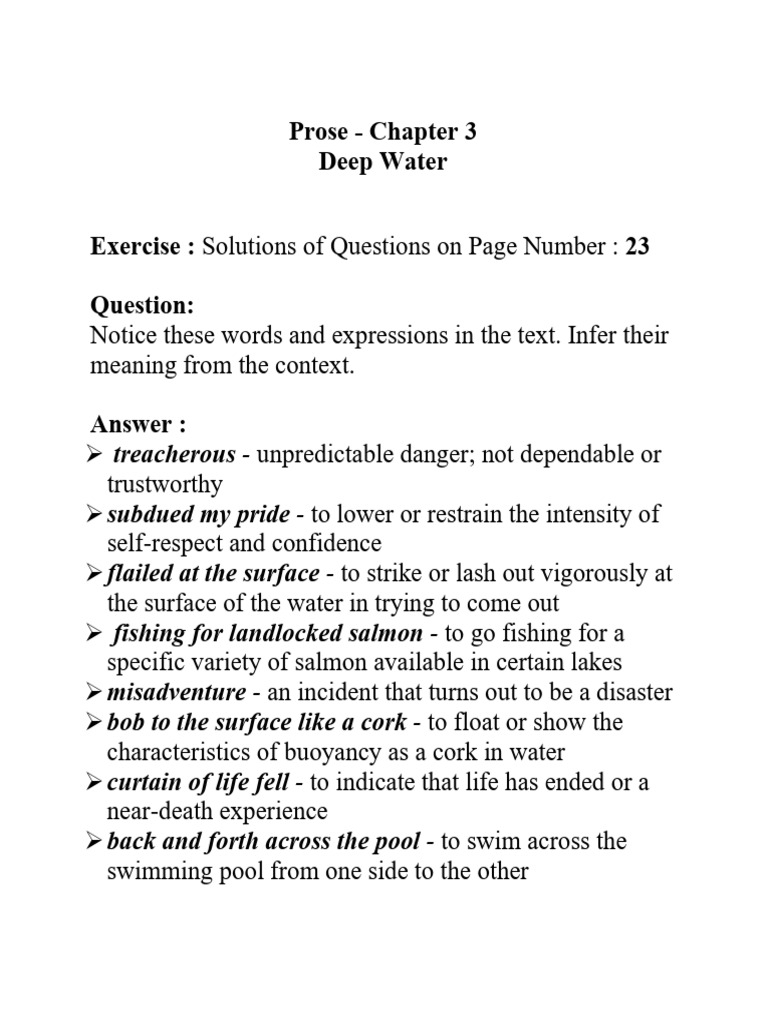 Prose - Chapter 3 Deep Water Exercise: Solutions of Questions On Page ...
