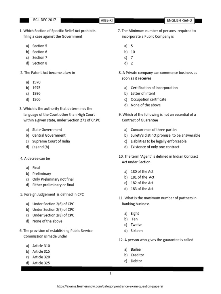 AIBE 11 Set D Paper | Download Free PDF | Bail | Guarantee