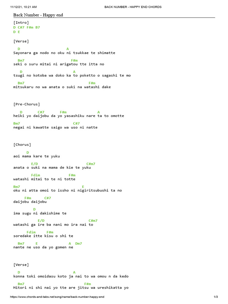 Back Number - Happy End Chords | PDF