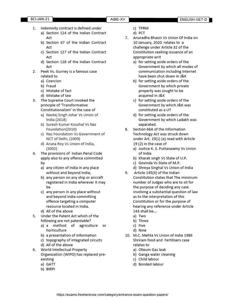 AIBE 15 Set D Question Paper | PDF | Justice | Crime & Violence