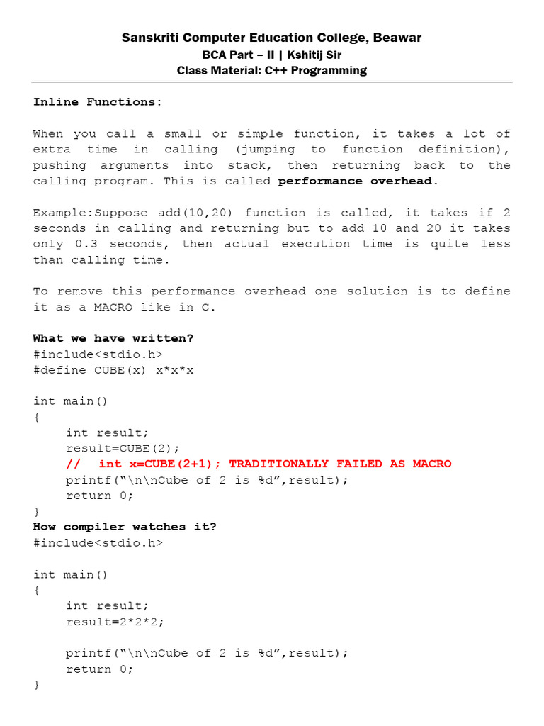 Inline Functions and Default Arguments in C++ | PDF