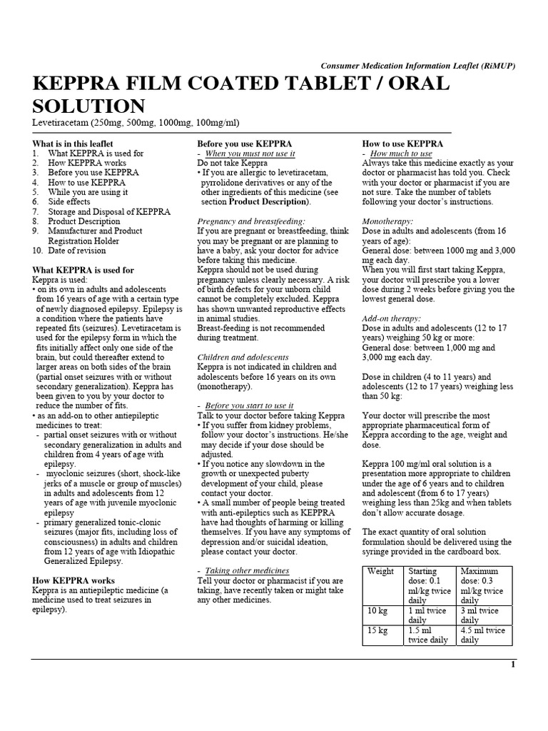 Keppra Tablet Oral Soln PILENG | PDF | Medical Specialties | Clinical ...