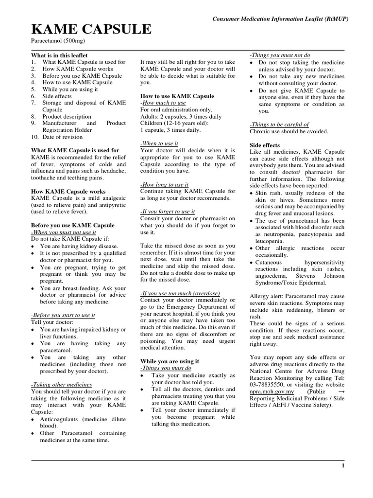 Kame Capsule Paracetamol Kotra Pharma M SDN BHD 2 JAN 2018 ENG 1 | PDF ...