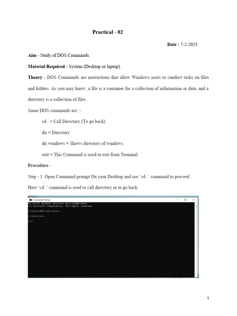 Practical - 02: Date: 7-2-2023 Aim - Study of DOS Commands. Material Required - System (Desktop ...