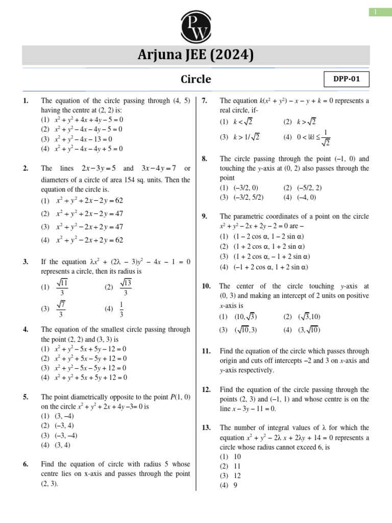 Circle - DPP 01 (Of Lec 02) - Arjuna JEE 2024 | PDF
