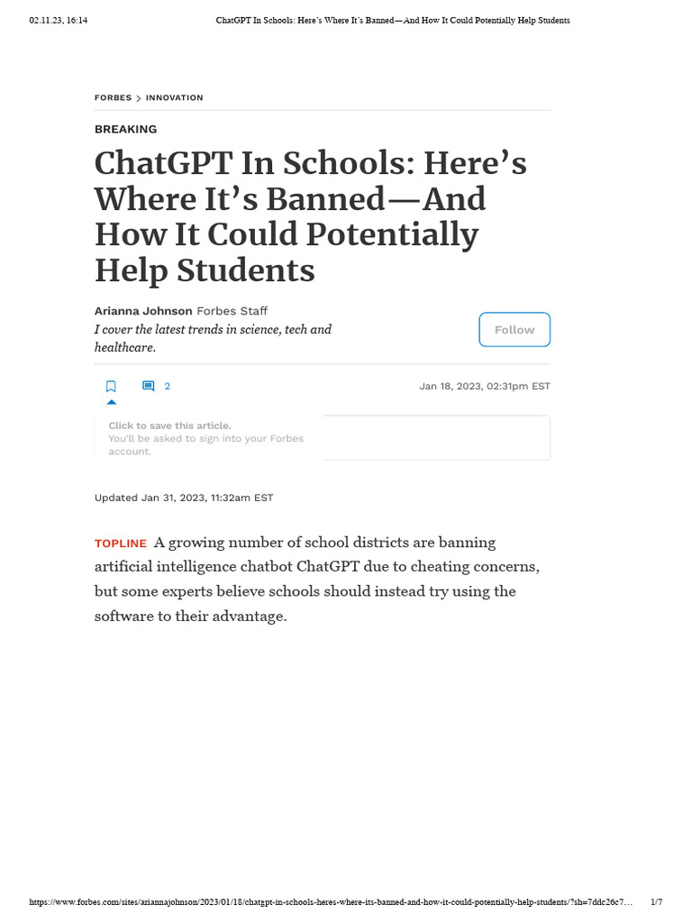 ChatGPT in Schools - Here's Where It's Banned-And How It Could Potentially Help Students | PDF ...
