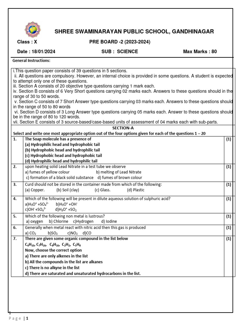 Class X Science Pre-Board Exam 2024 | PDF