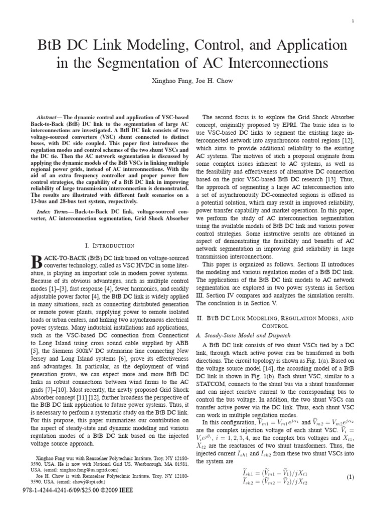 J. H. Chow 2009 Back Toback DC Link Modeling, Control, and Application | PDF | Electric Power ...