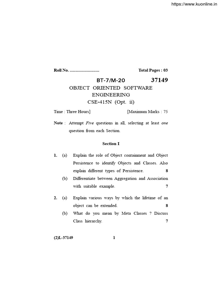 Btech Cse 7 Sem Object Oriented Software Engineering 37149 2020 | PDF | Unified Modeling ...