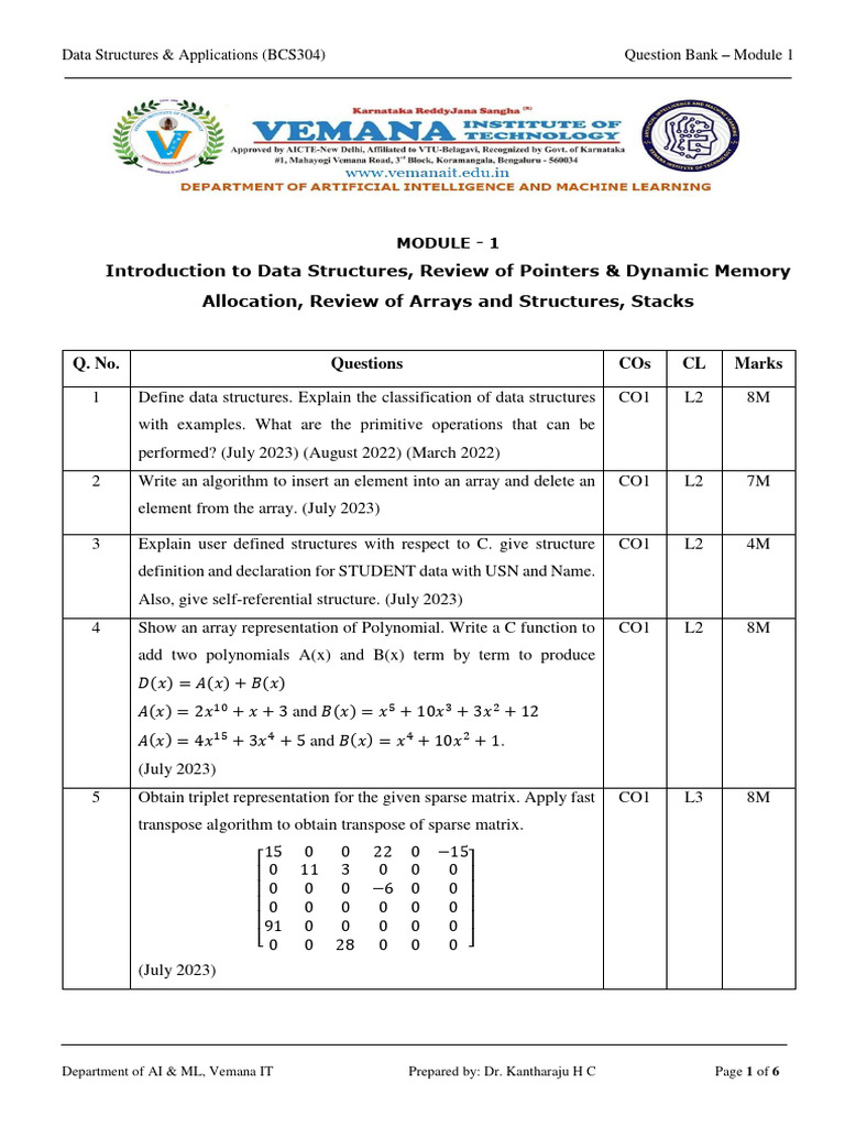 BCS304 Module 1 Question Bank | PDF