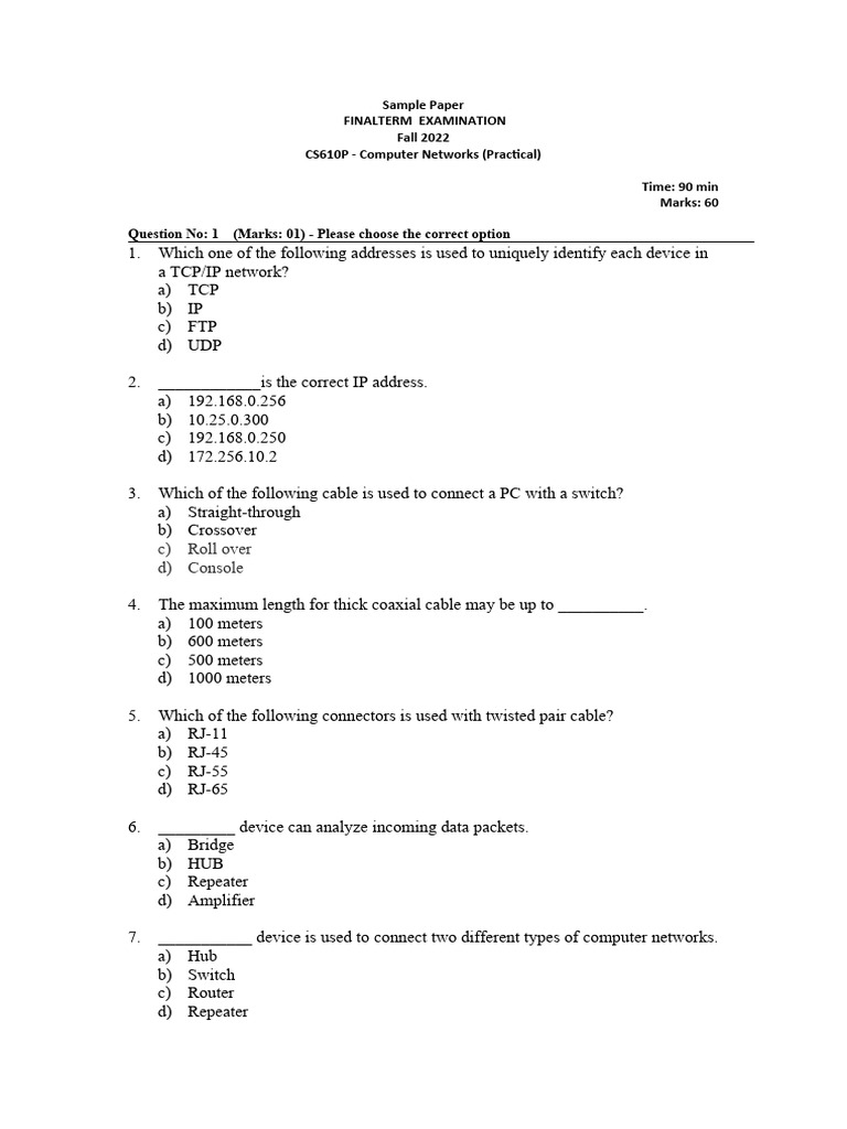 CS610P Computer Networks Sample Paper | PDF | Ip Address | Computer Network