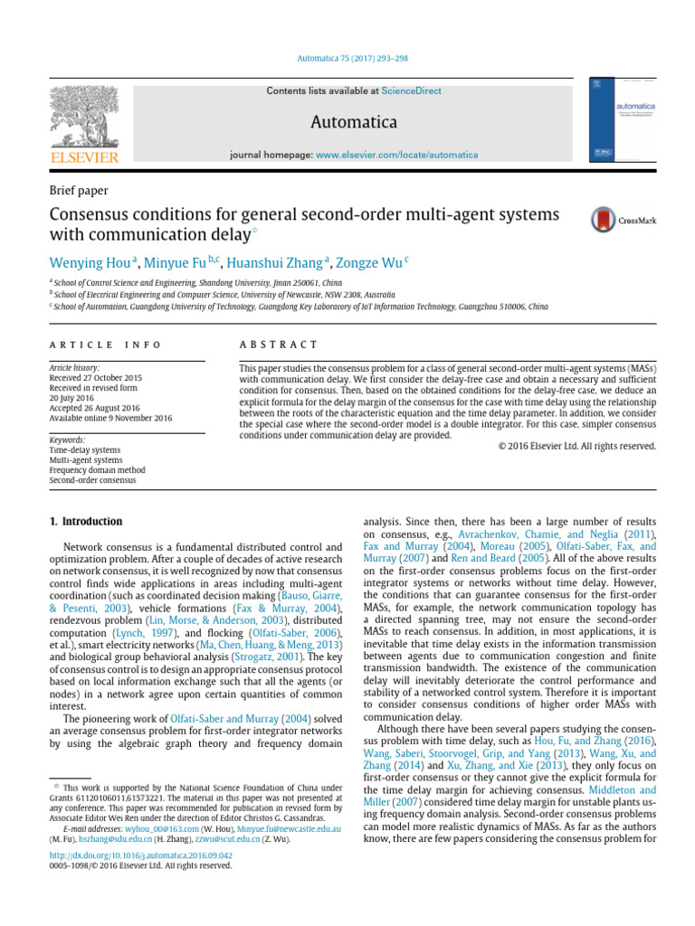 Consensus Conditions For General Second Order Multi Agent Systems Pdf Differential Equations