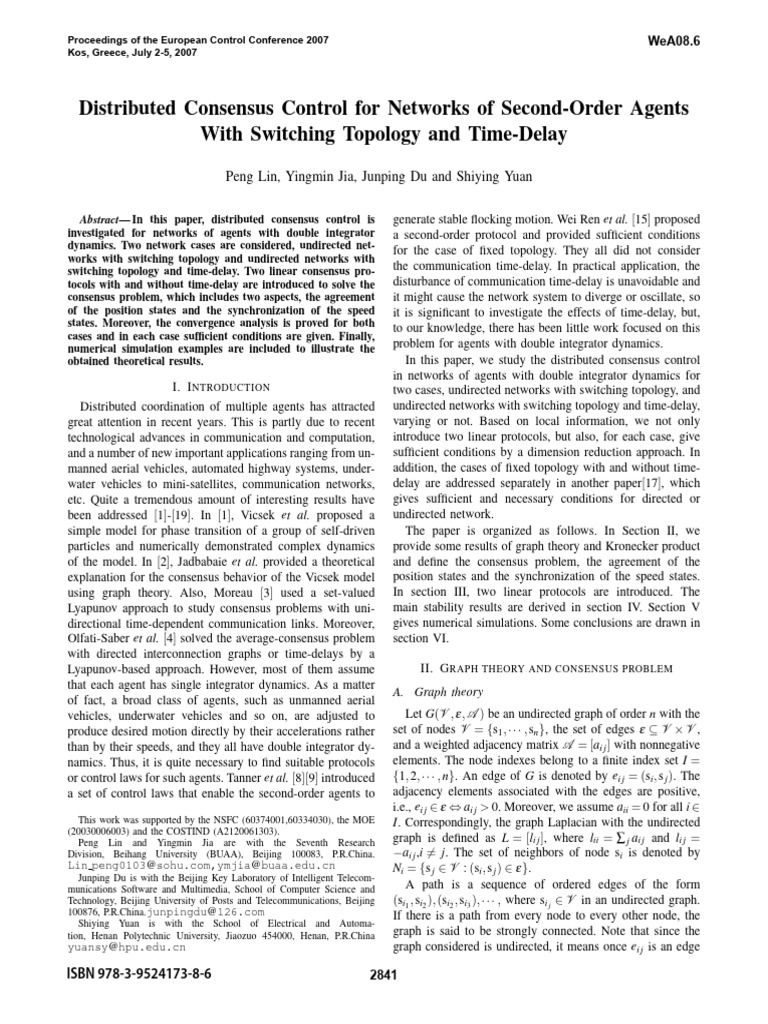 Distributed Consensus Control For Networks of Second-Order Agents | PDF | Eigenvalues And ...
