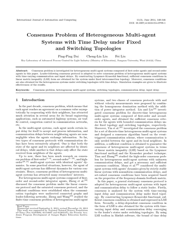 Consensus Problem of Heterogeneous Multi-Agent With Time Delay and Switching | PDF