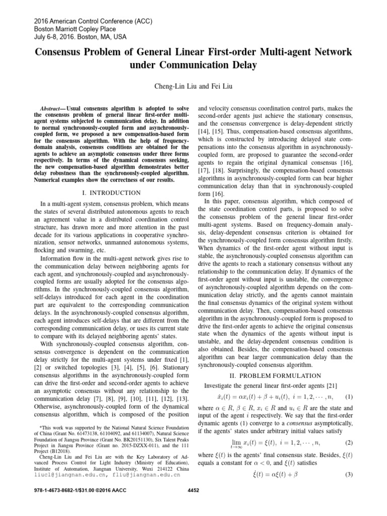 Consensus Problem of General Linear First-Order MA Network Under ... Consensus Problem of General Linear First-Order MA Network Under ...