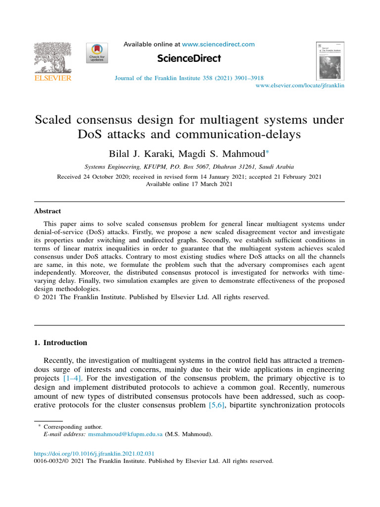 Scaled Consensus Design For Multiagent Systems Under DoS Attacks and Communication-Delays | PDF