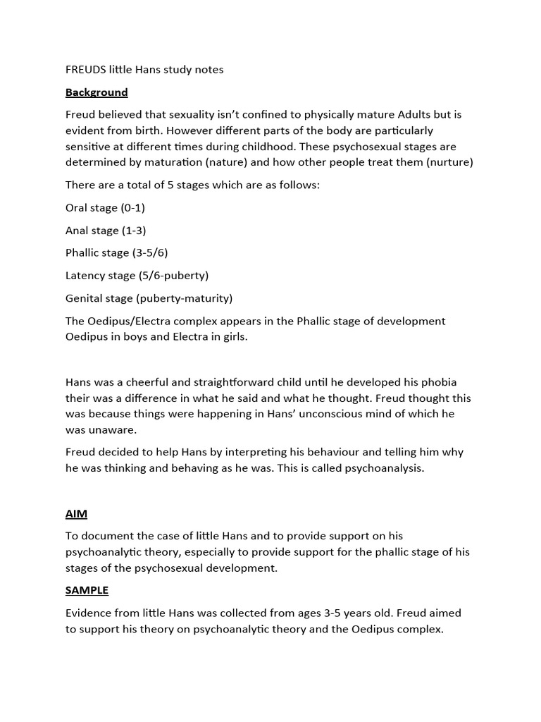 FREUDS Little Hans Study Notes | PDF