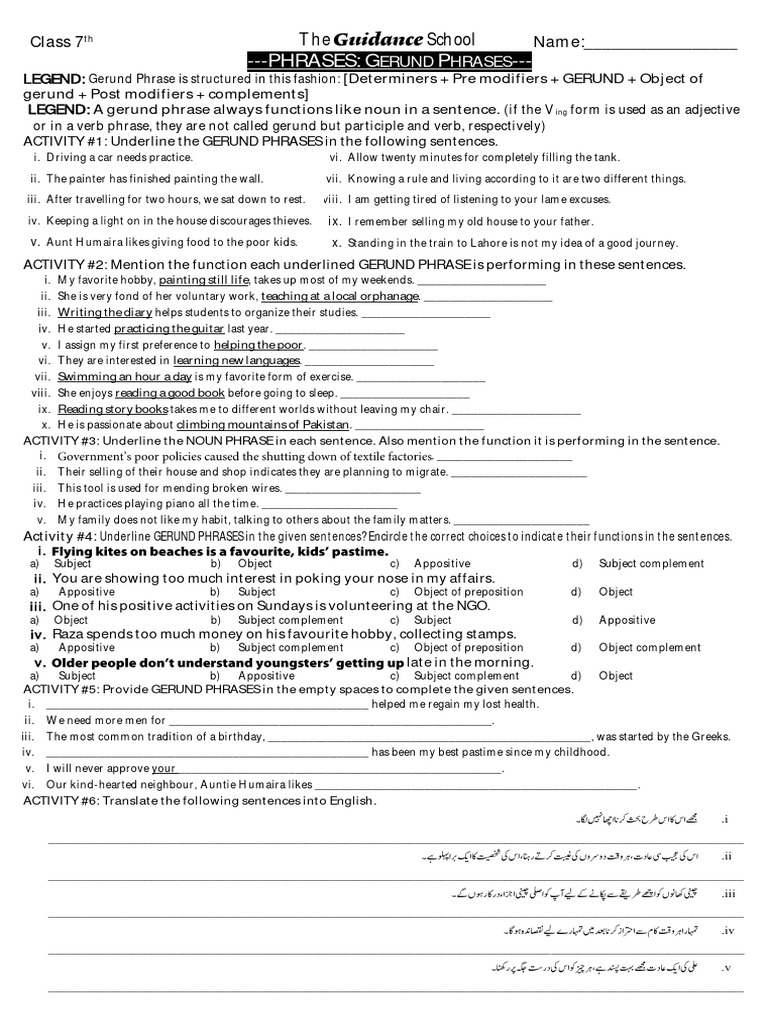 Phrases Worksheet GERUND PHRASES 2019 KAMRAN | PDF | Verb | Preposition ...
