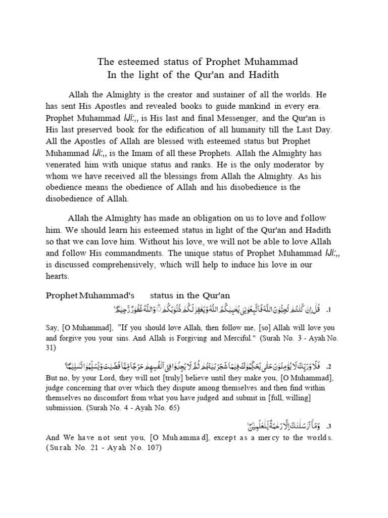 The Esteemed Status of Holy Prophet PBUH | PDF | Muhammad ...