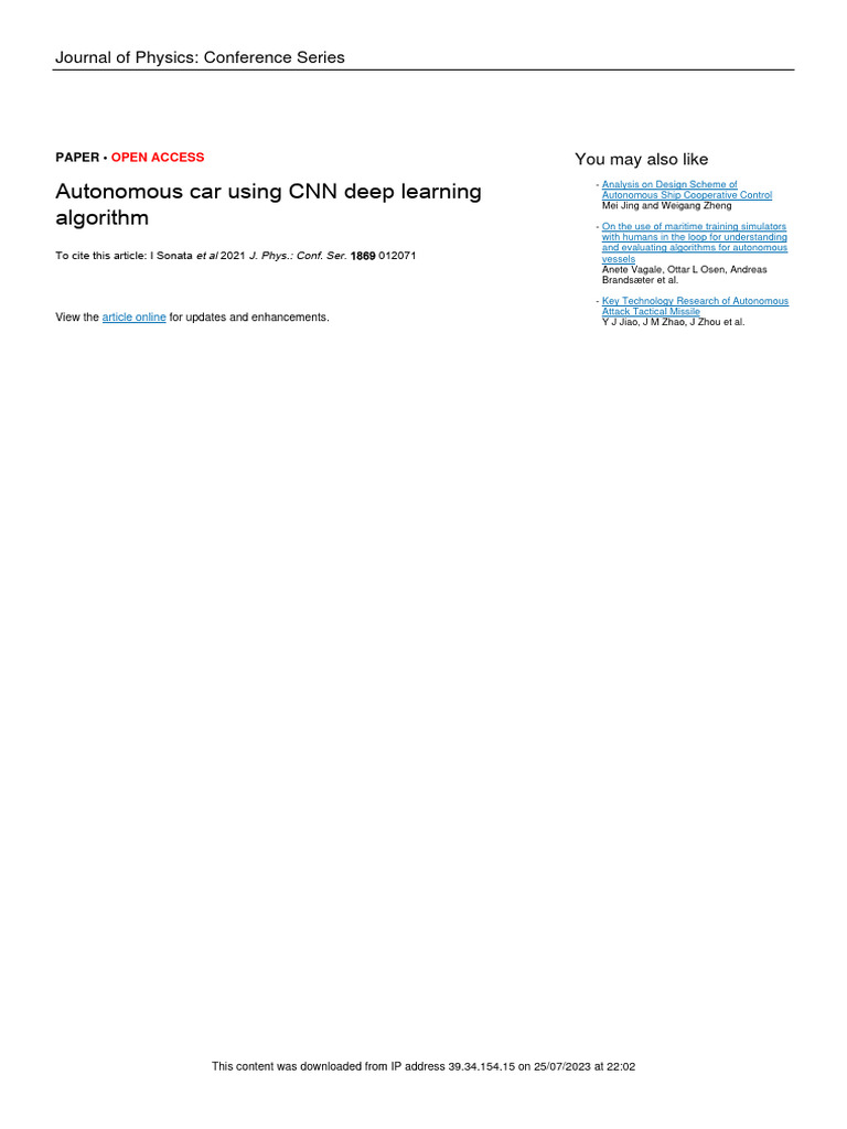 Autonomous Car CNN Deep Learning | PDF | Systems Theory | Cognition
