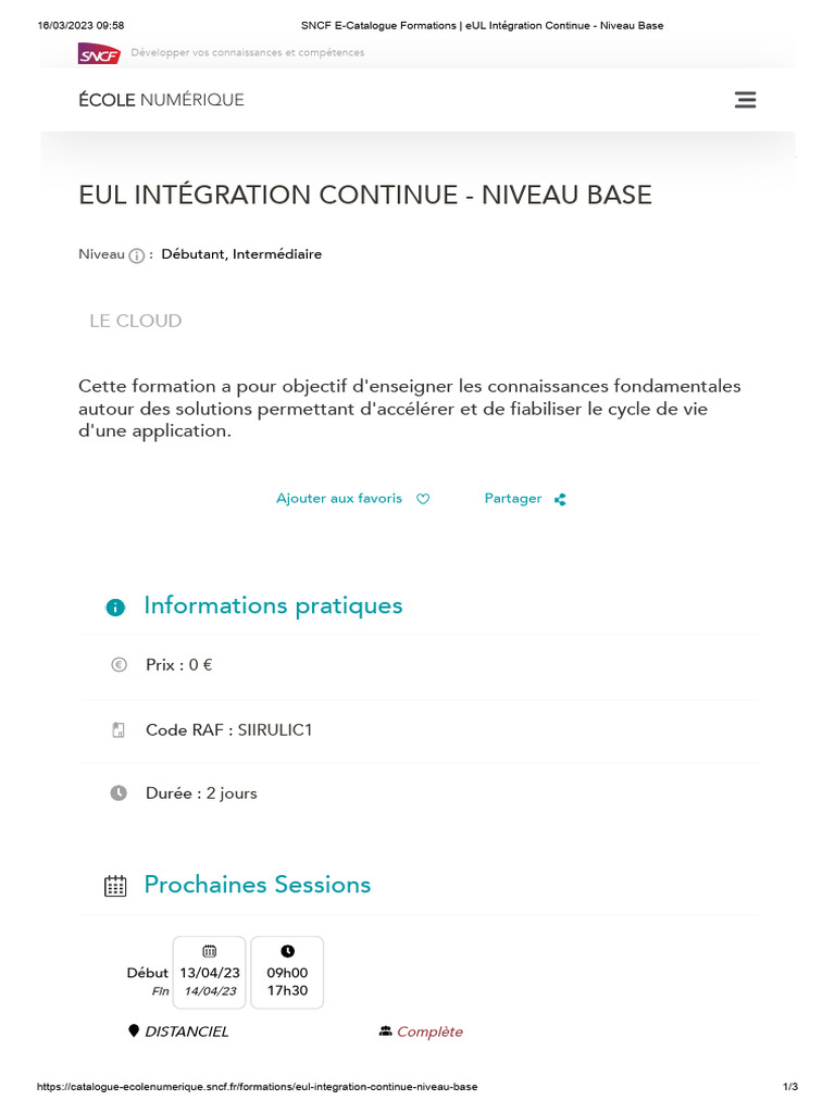 SNCF E-Catalogue Formations - eUL Intégration Continue - Niveau Base | PDF