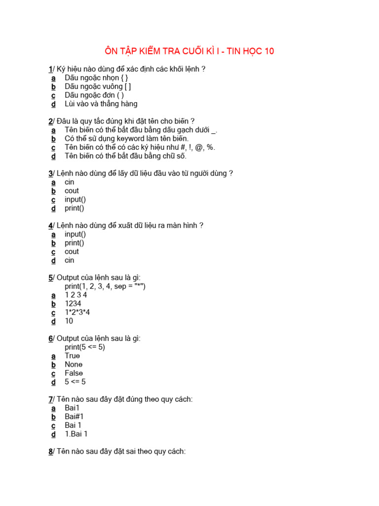 On Tap Kiem Tra Cuoi Ki 1 - Lop10 - Hs | PDF