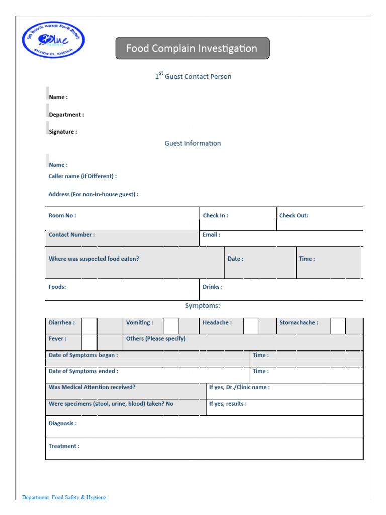 Food Complain Investigation: 1 Guest Contact Person | PDF | Lunch ...