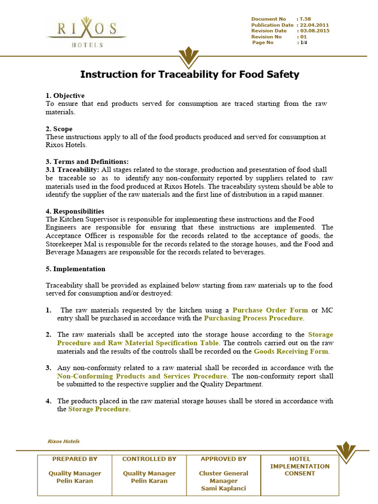 Instruction For Traceability For Food Safety Rev1 | PDF
