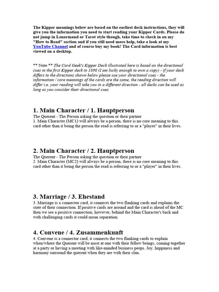 The Kipper Meanings Below Are Based On The Earliest Deck Instructions | PDF