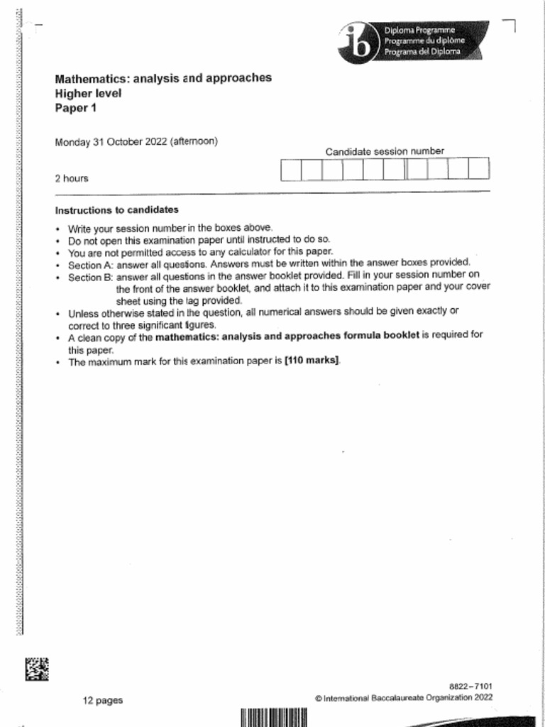 Mathematics Analysis and Approaches Paper 1 TZ0 HL | PDF