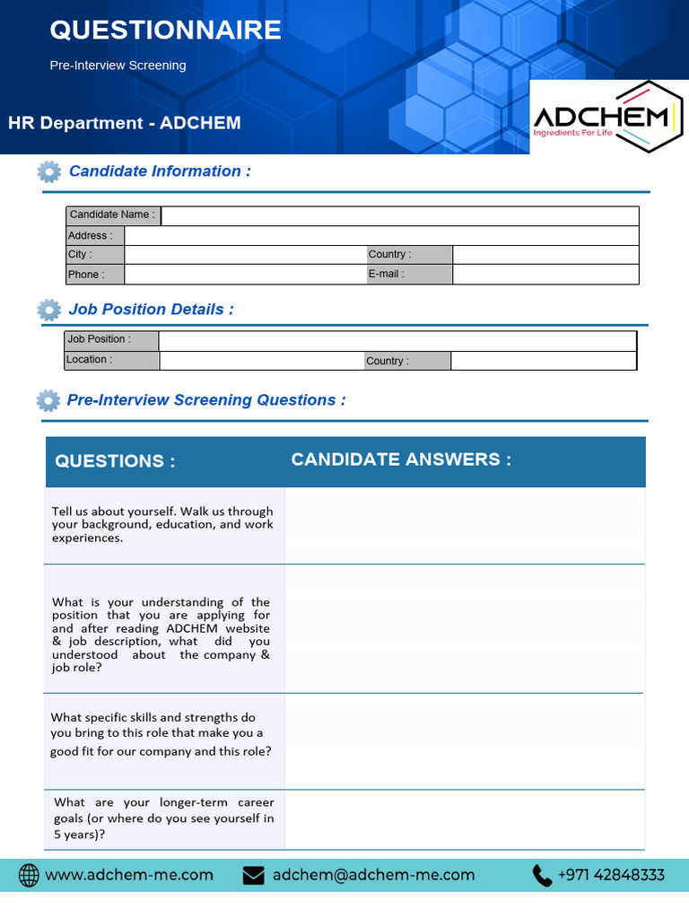 Pre-Interview Screening Questionnaire - ADCHEM | PDF