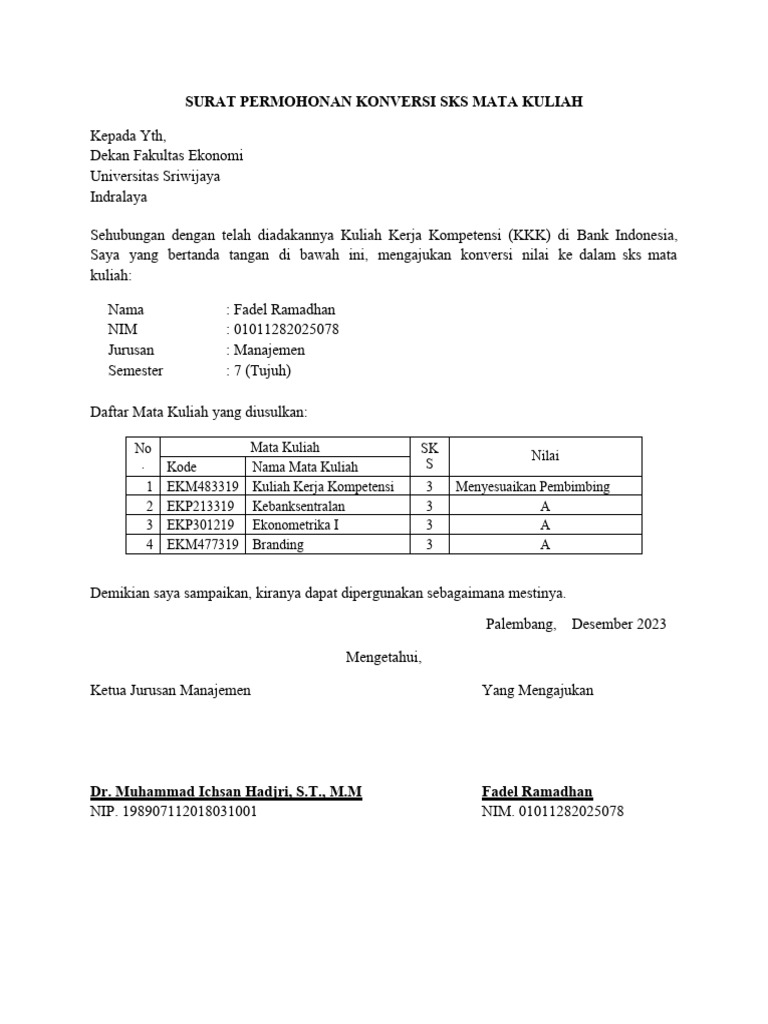 Surat Permohonan Konversi SKS Mata Kuliah | PDF | Karier & Perkembangan