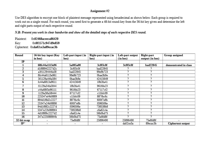 Assignment 2 DES Work Out | PDF | Espionage Techniques | Algorithms